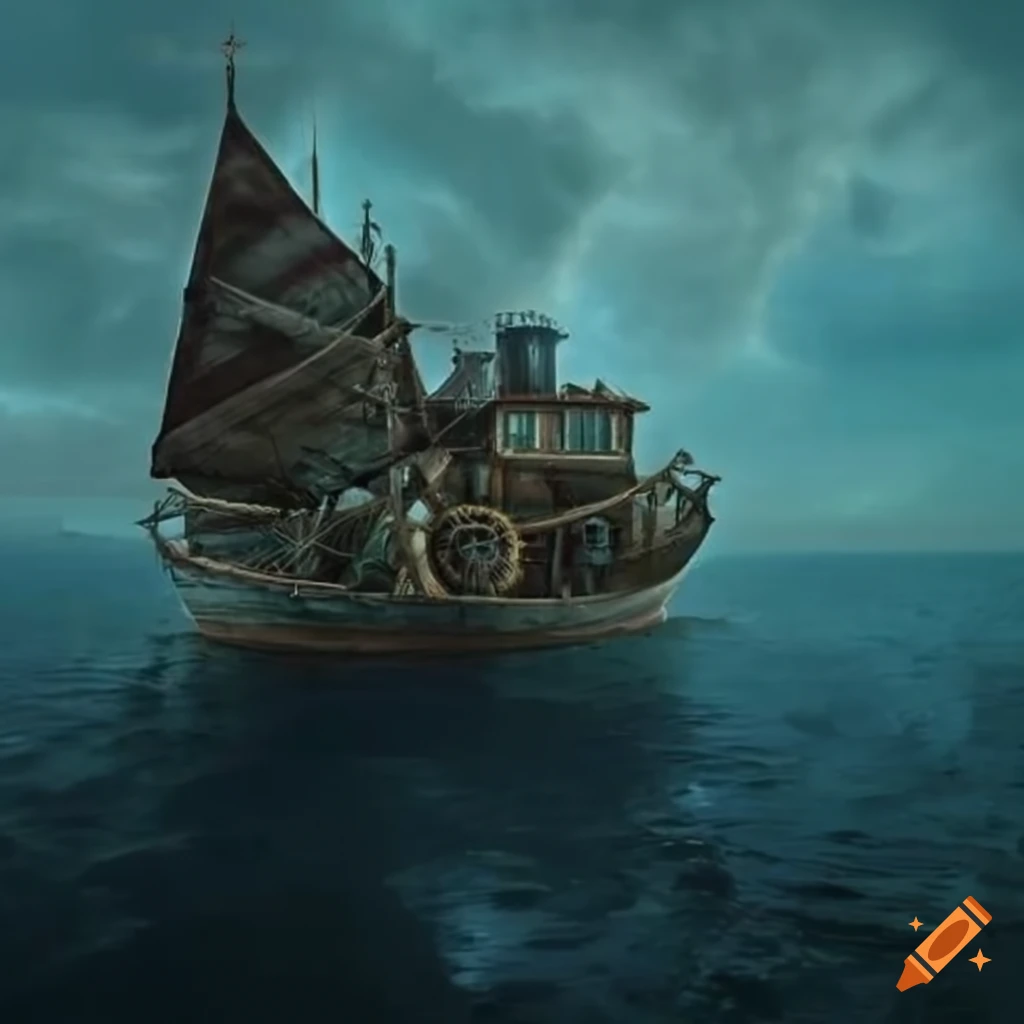 Steampunk sailing boat with original houses and vegetation on deck on ...