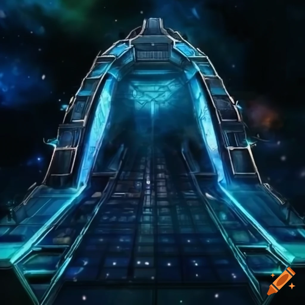 YUGIOH art of a technological futuristic galactic bridge on Craiyon