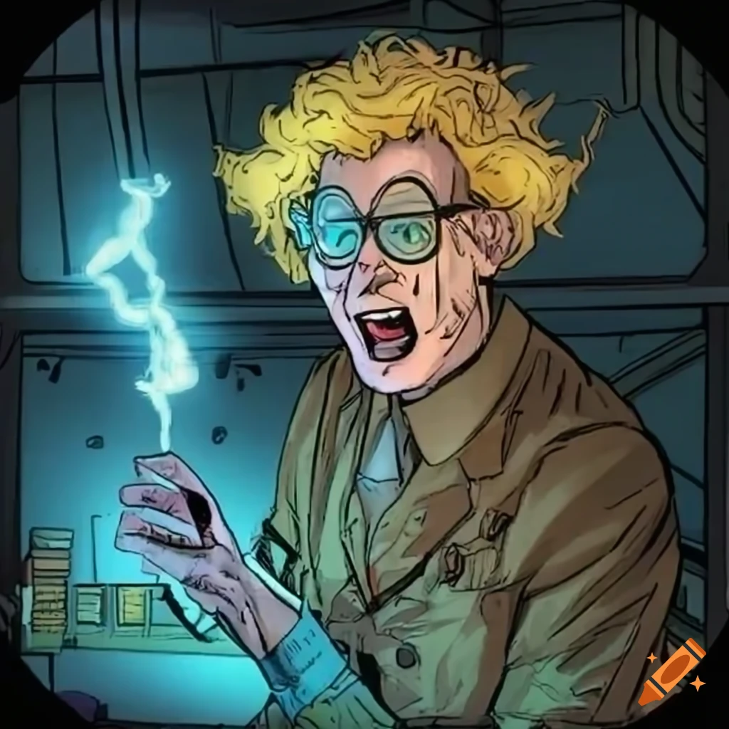 Mad scientist laughing evilly in a laboratory with lightning bolts, comic art on Craiyon