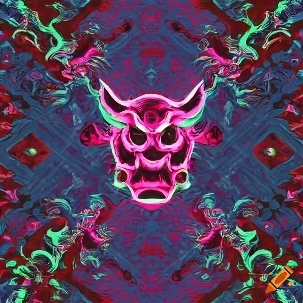 Neon colored minimalist Japanese Oni motif pattern on a diagonal slant ...