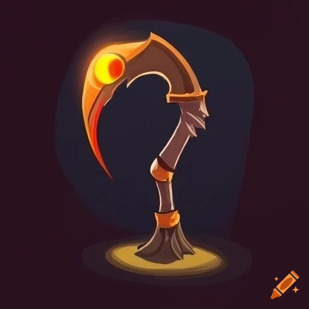 Scythe with a yellow eye on the blade and black metal emitting smoke in ...