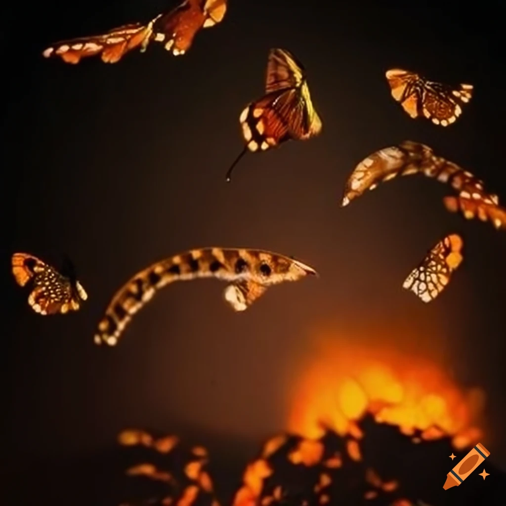 Butterflies in a fiery flight on Craiyon