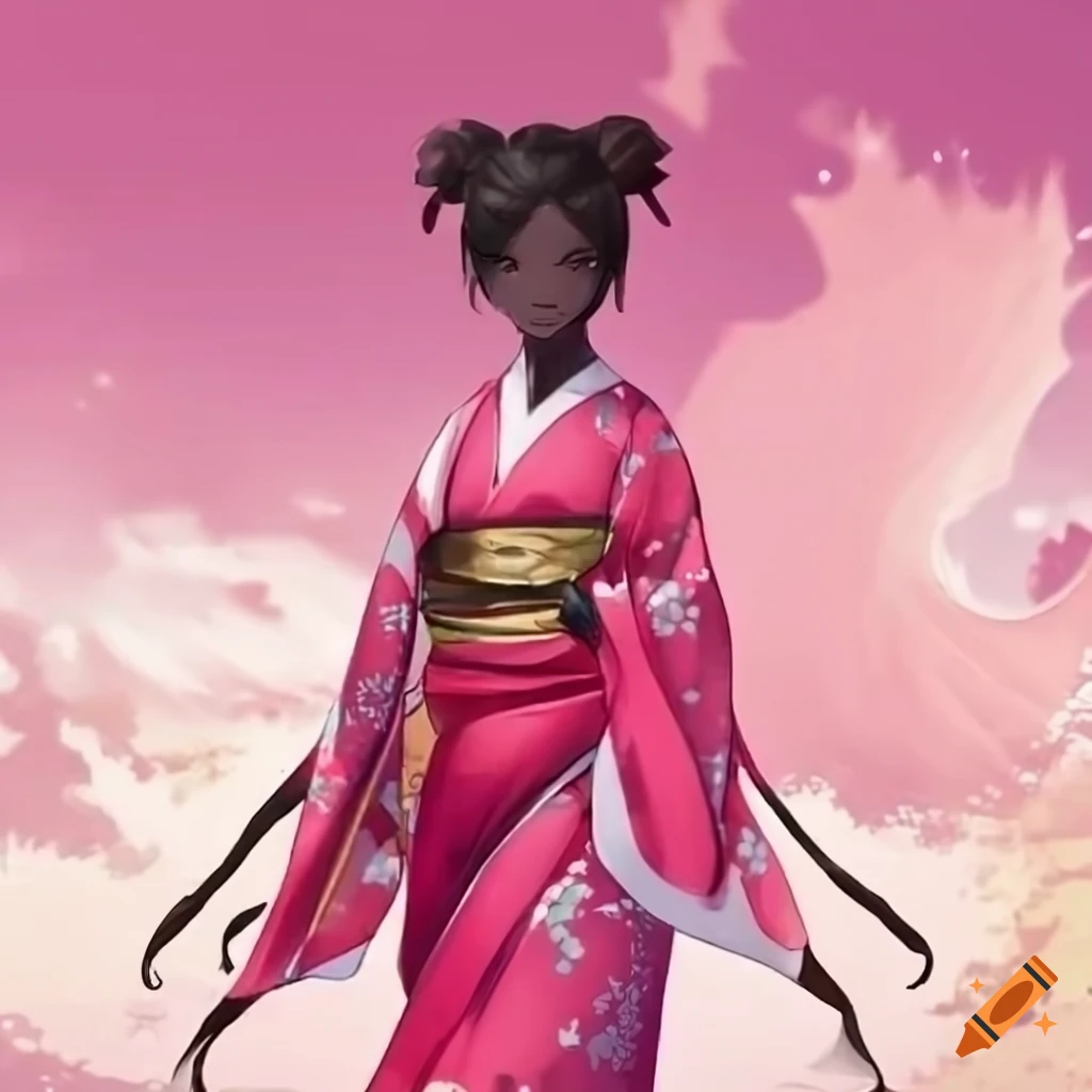 Elegant anime character in vibrant pink kimono with dark vitiligo ...