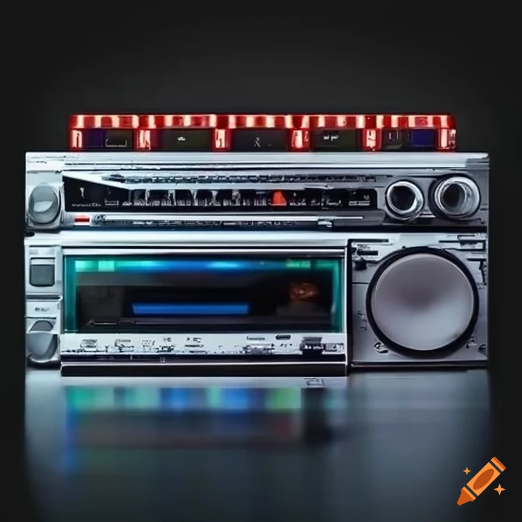 Retro 90s stereo system with colorful segmented display playing music ...