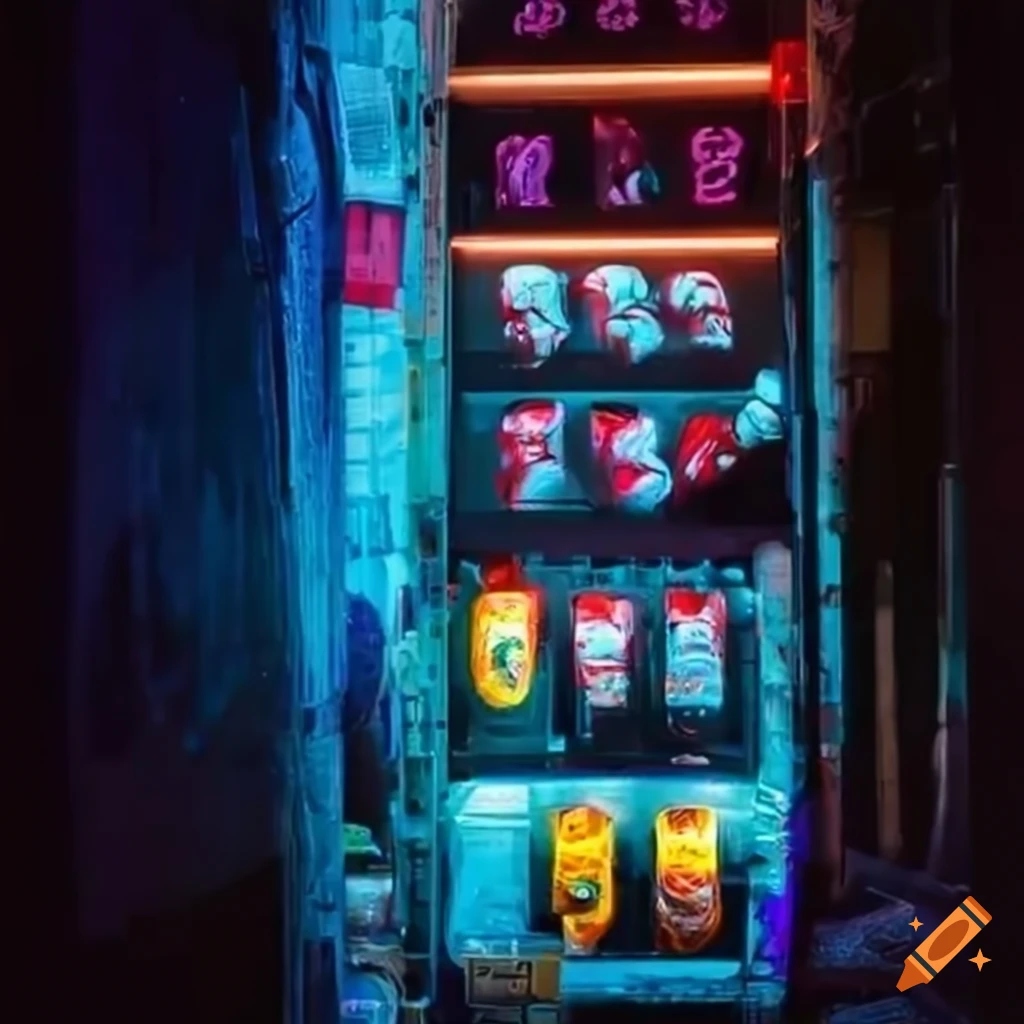 Neon cyberbot chocolate vending machine on an indian street on Craiyon