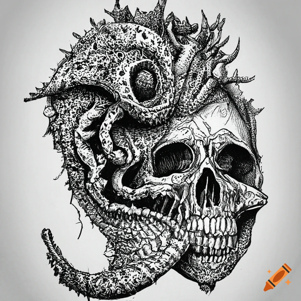 Hydralisk skull in pen and ink stipple drawing on Craiyon