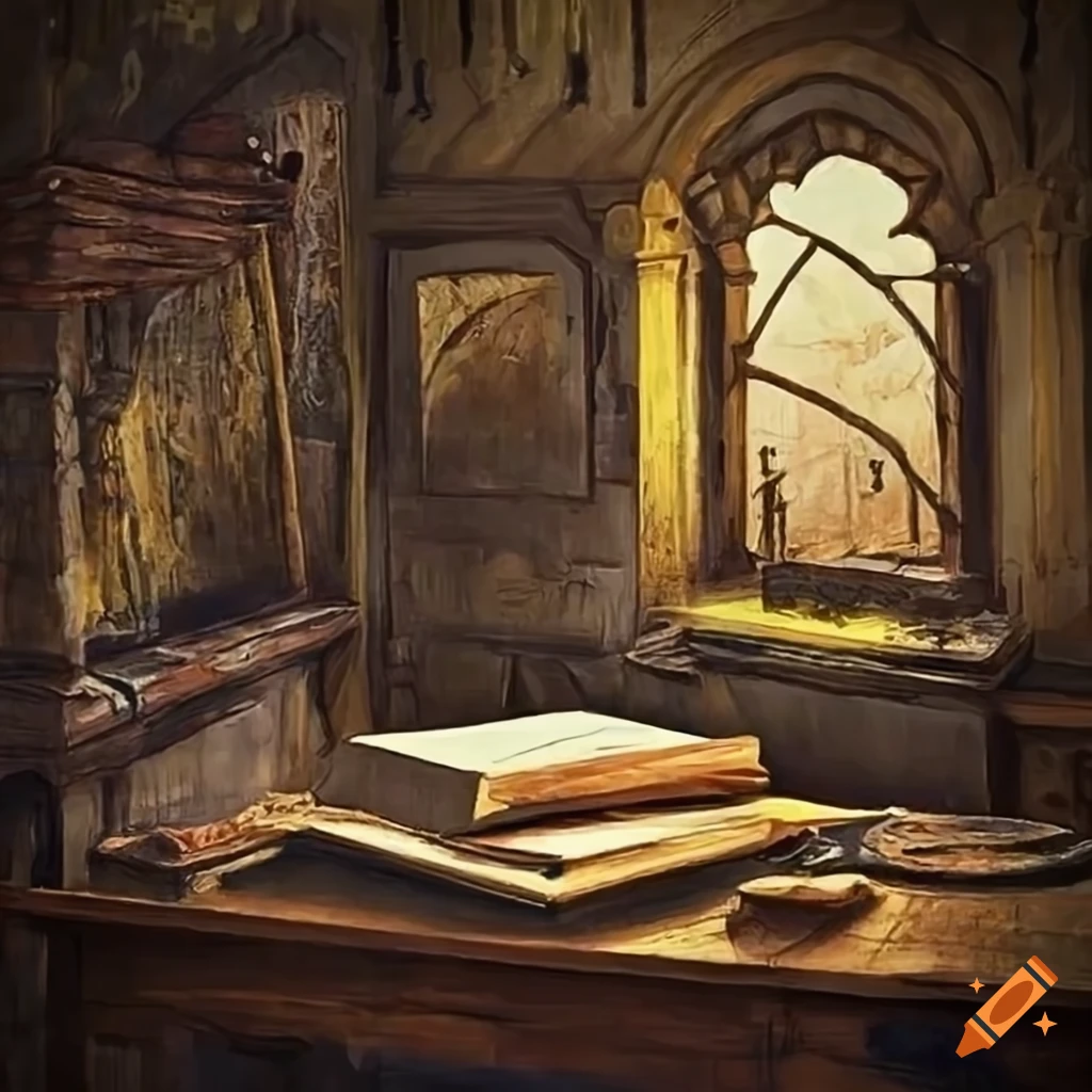 Decrepit medieval mansion study with open books and strange paintings ...