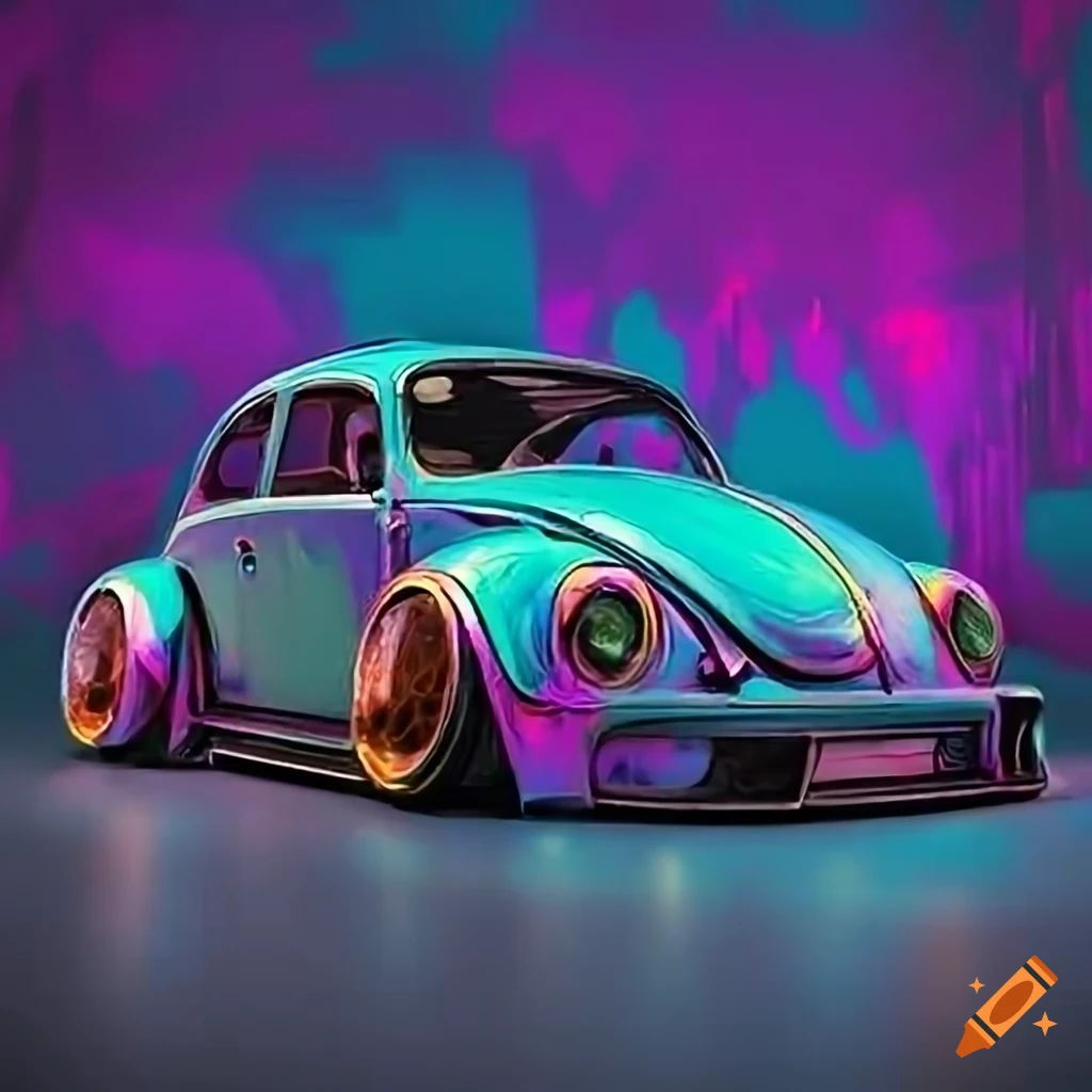 Stunning oil painting of a realistic tuned vw bug in neon colors on Craiyon