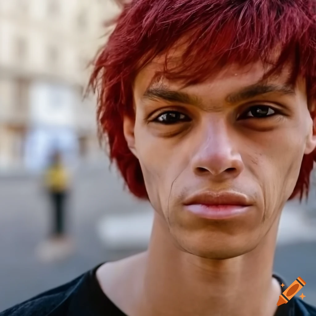 Humanoid alien man with maroon hair in a city street on Craiyon