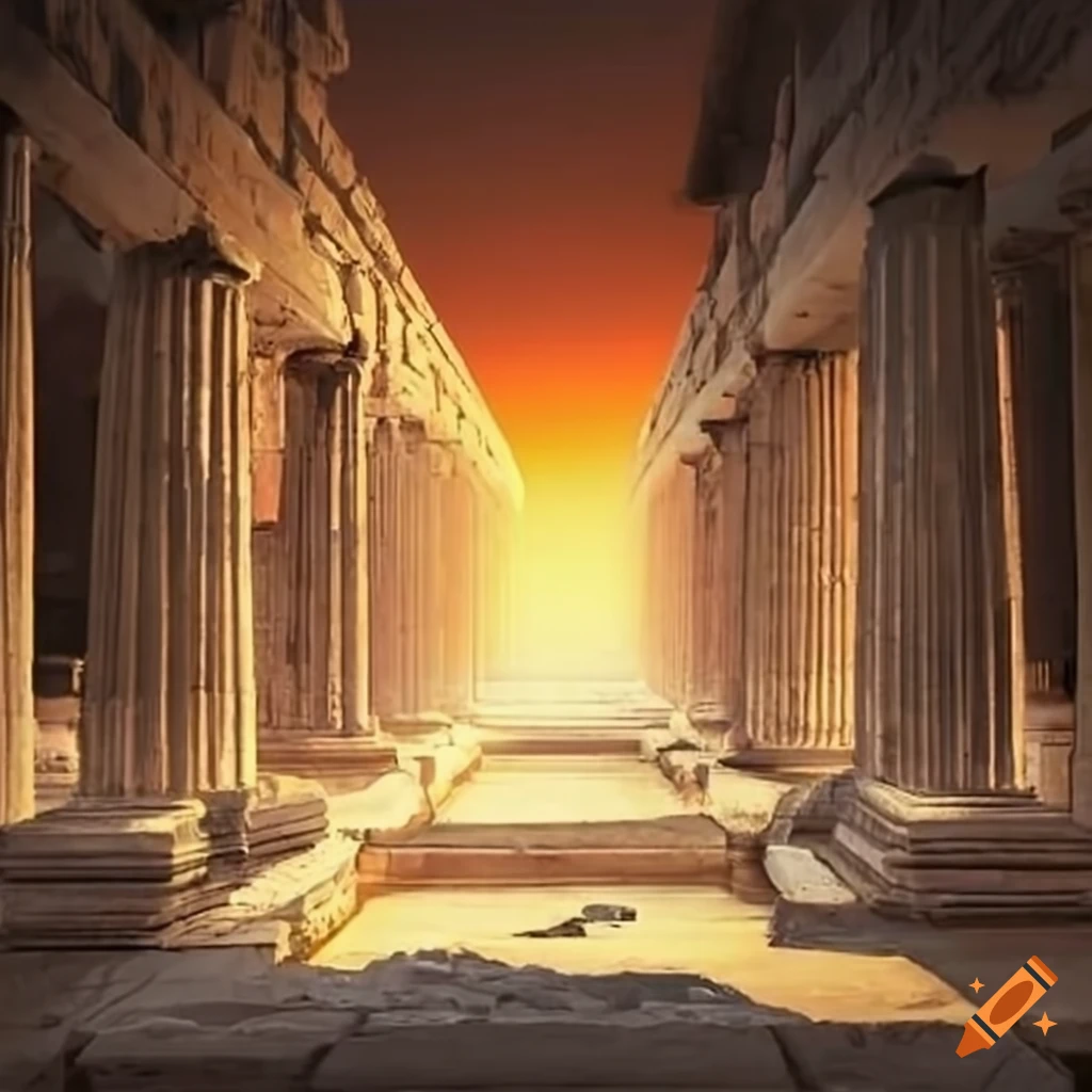 Rays of light shining on greek temple ruins on Craiyon