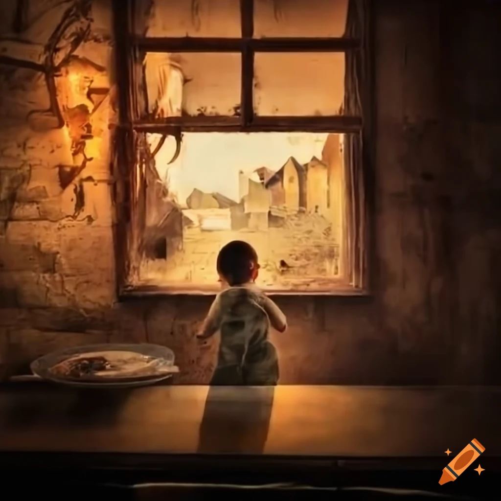 Child peering through window into party at an old cantina on Craiyon