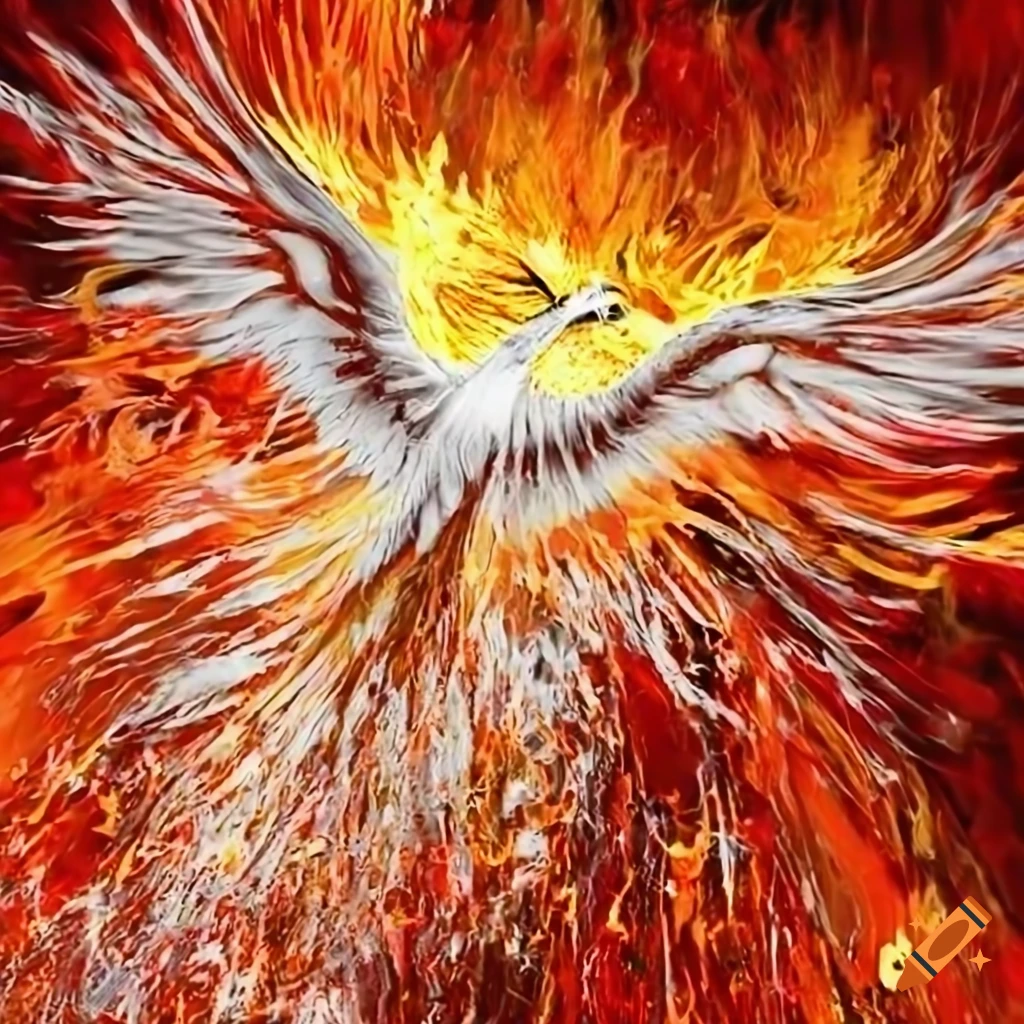 Abstract splatter painting of a majestic golden phoenix rising from ...
