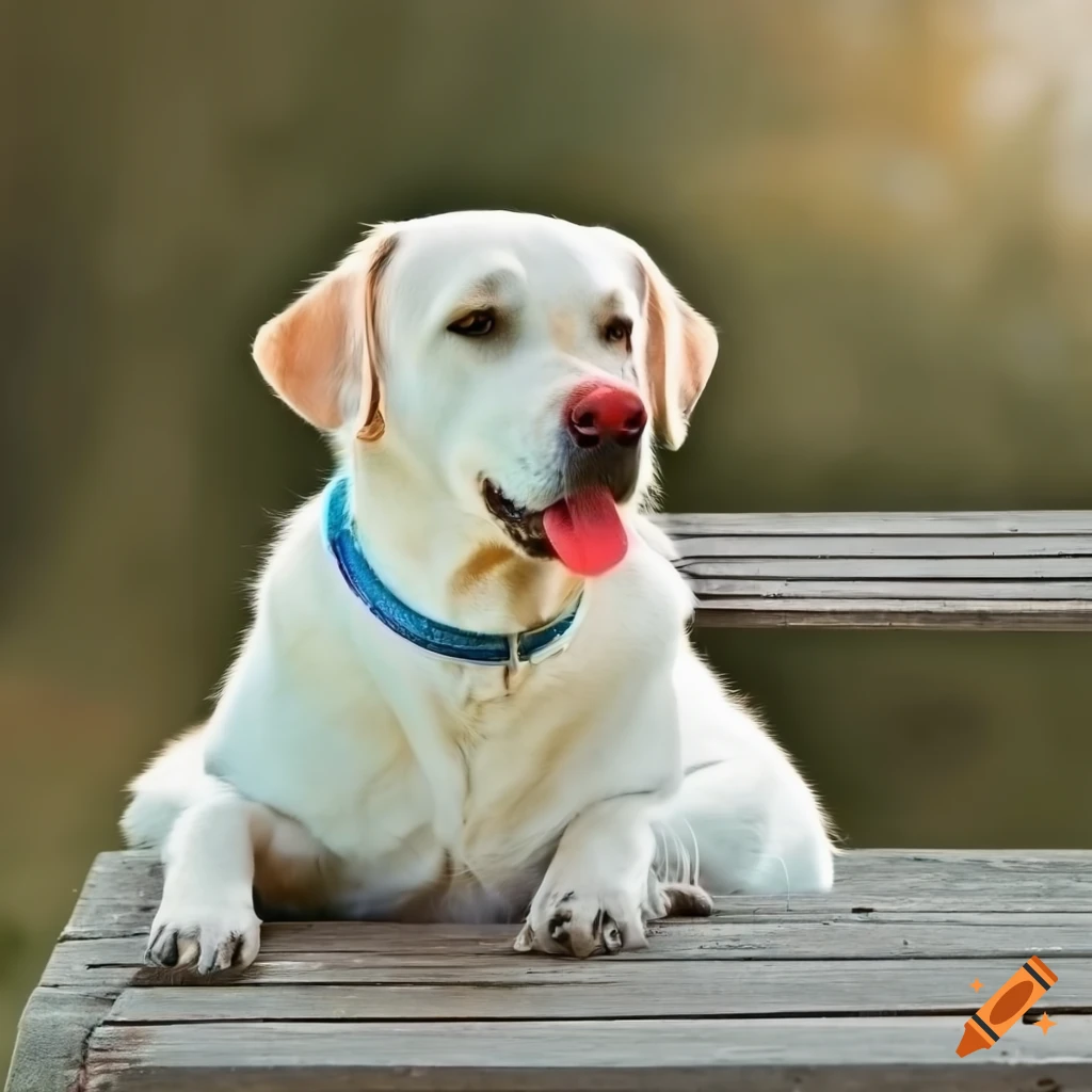 White labrador sitting on a park bench with a blue collar on Craiyon