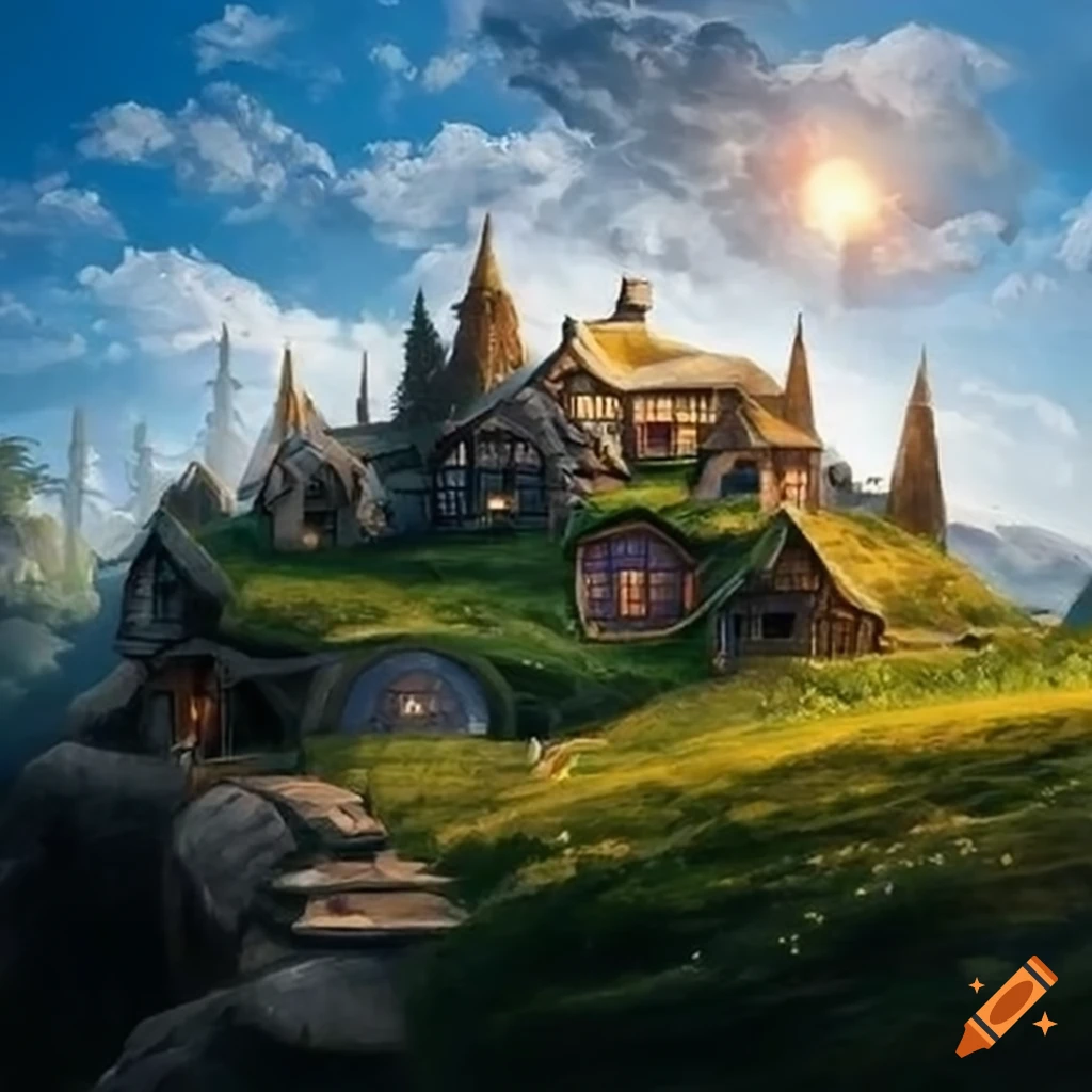 Hobbit village floating on a rock in the sky with golden lighting by ...