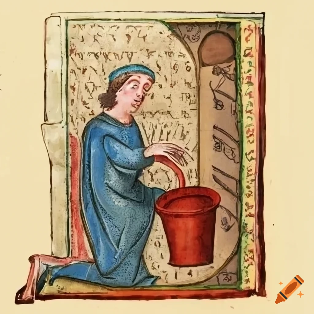 Medieval manuscript illustration of a man next to a bucket on Craiyon