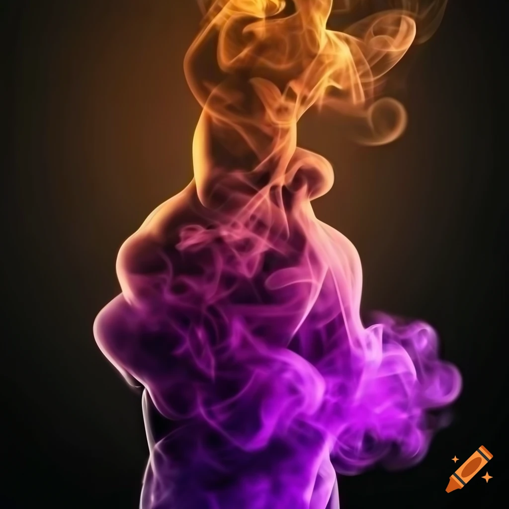 Orange smoke man and purple smoke girl in an organic smoke art embrace ...