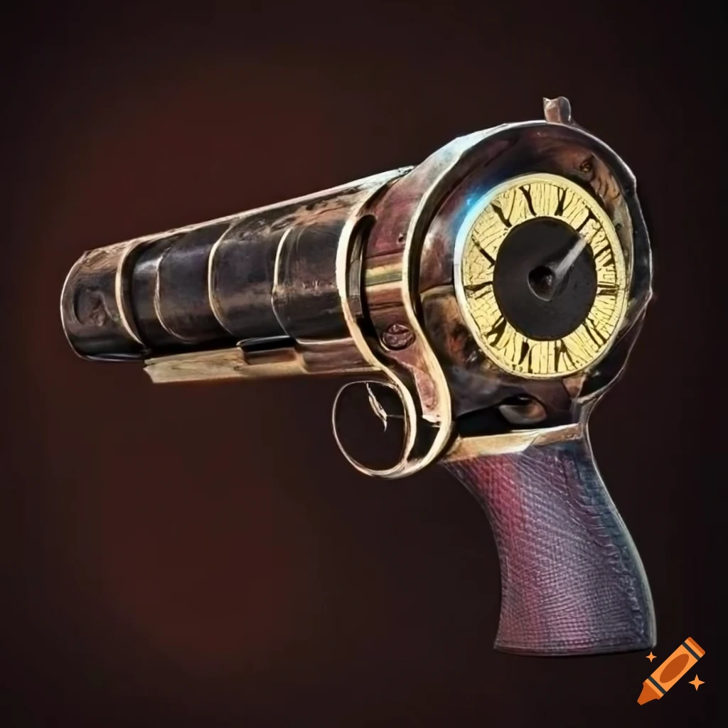 Intriguing revolver with spiral clock casing in the magazine on Craiyon