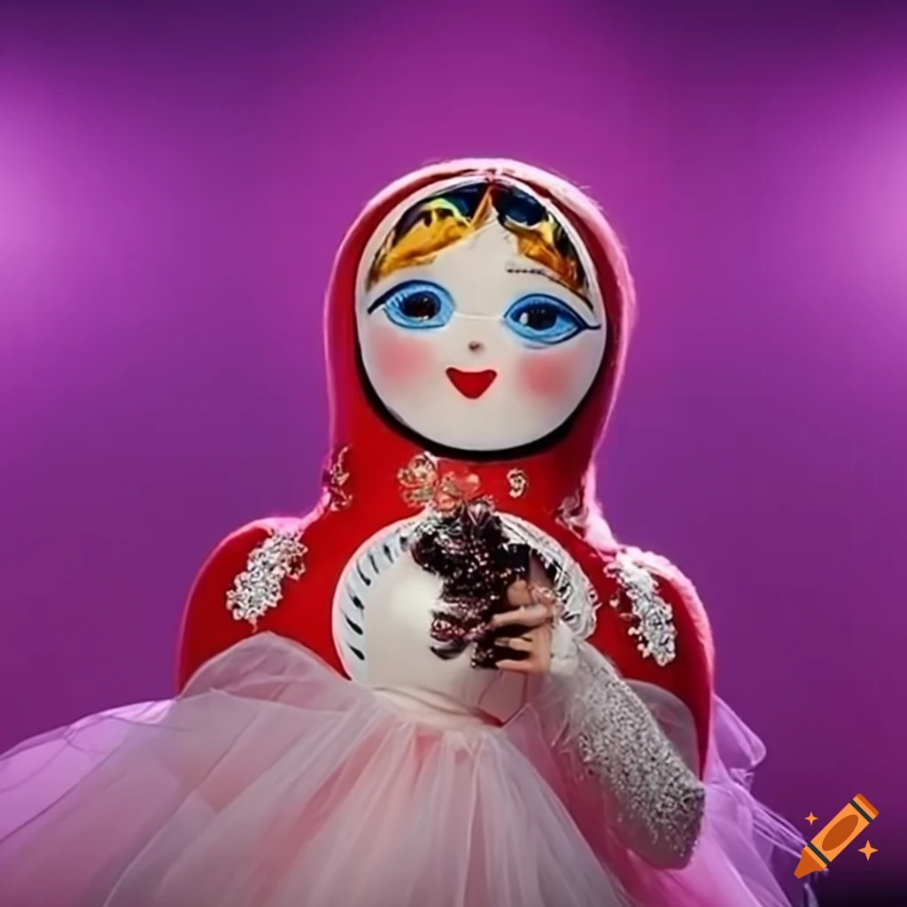 Masked singer character resembling a Russian doll with a pink tulle ...