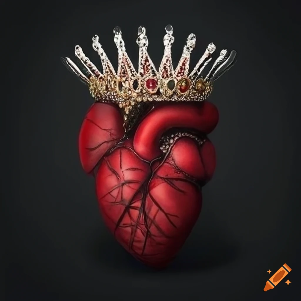 Realistic heart wearing a queen's crown in black and white art on Craiyon