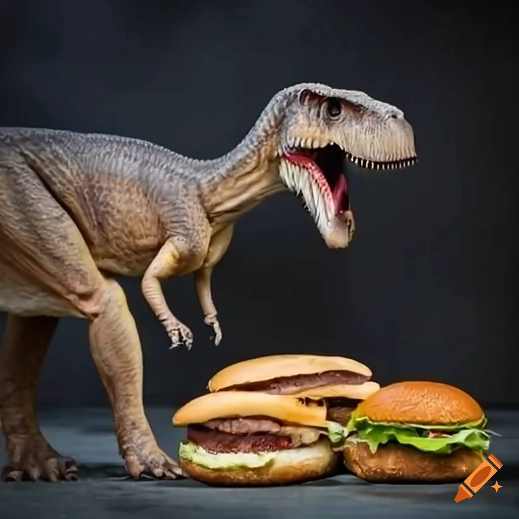 Dinosaur eating a burger on Craiyon