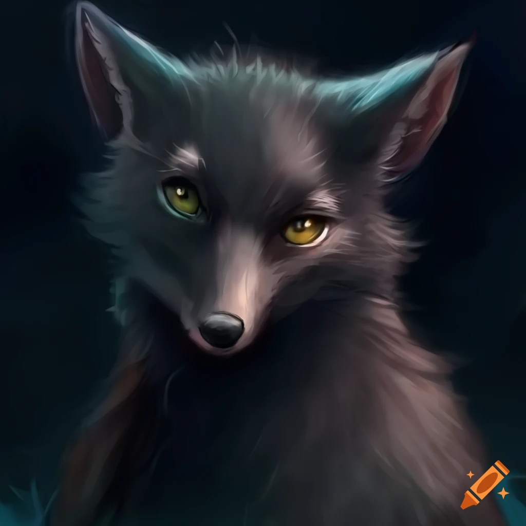 Anthropomorphic black fox with green eyes in Stellaris art style on Craiyon