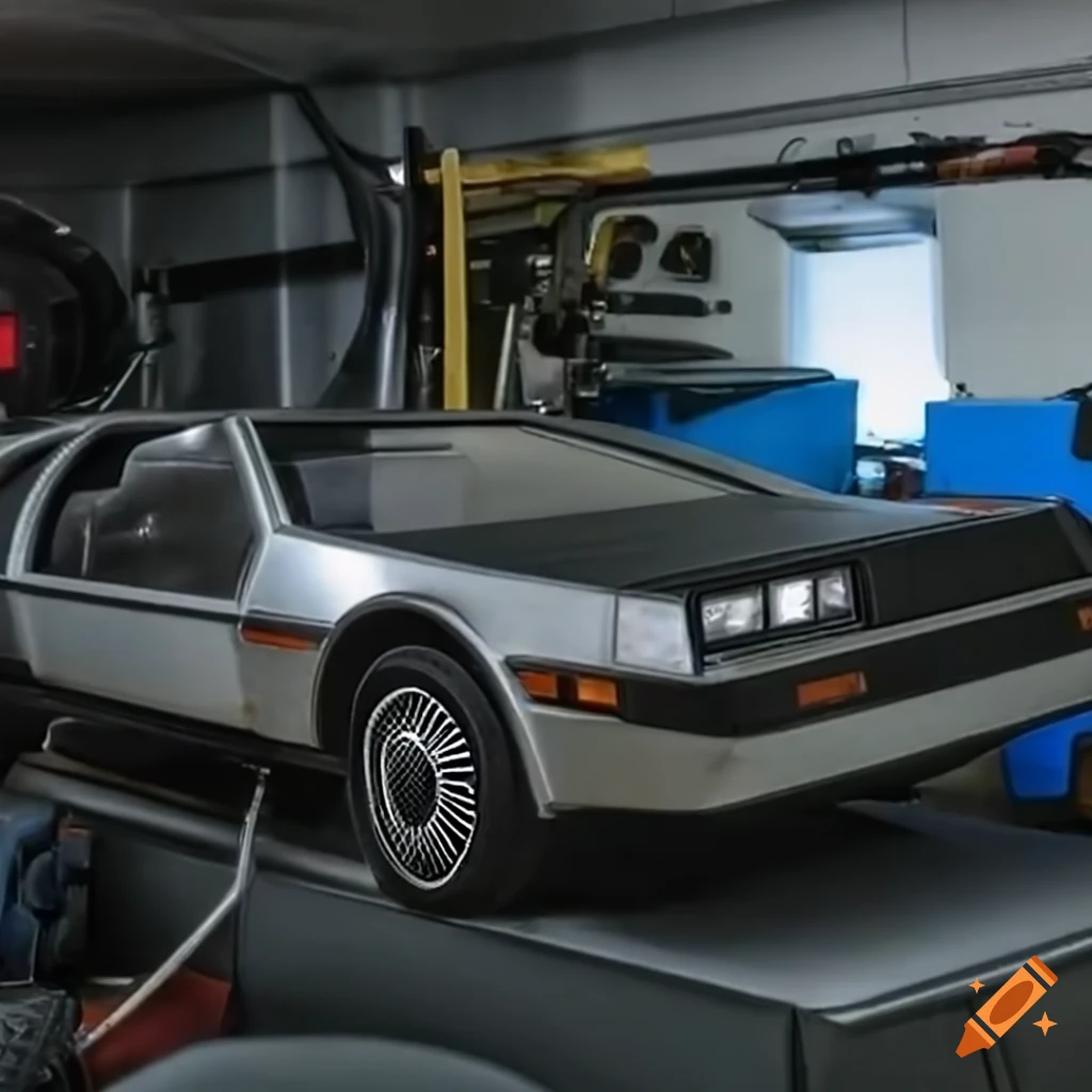 Delorean being fixed in a garage with visible engine on Craiyon