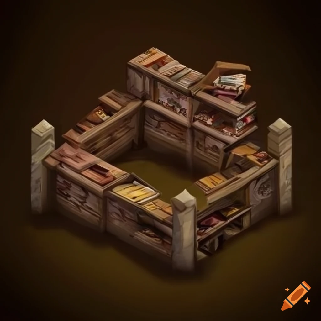 Isometric RPG tiles of a secondhand bookshop on Craiyon