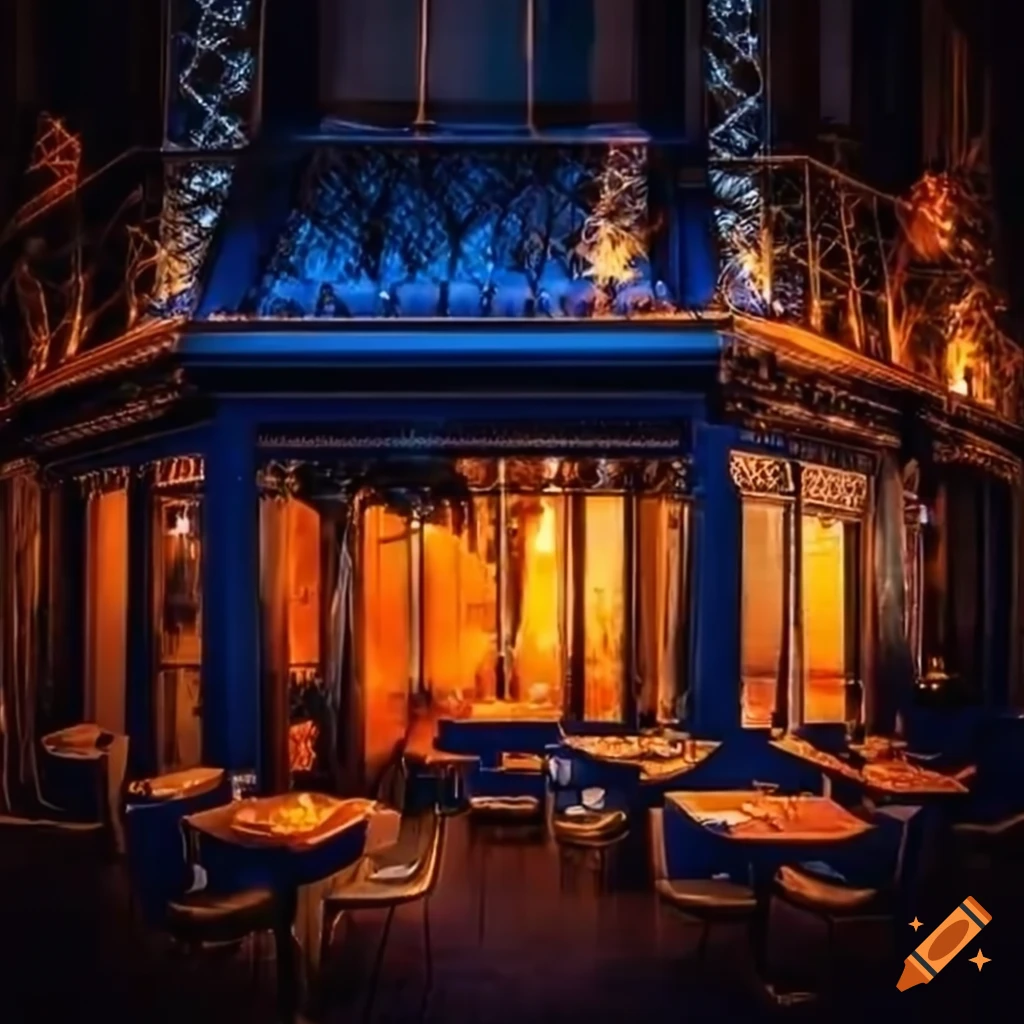 French restaurant near the Eiffel Tower in Paris with blue, gold, and ...