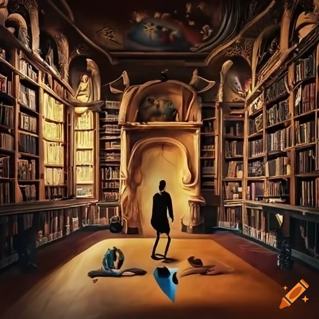 Surreal library scene inspired by salvador dali with people reading and ...
