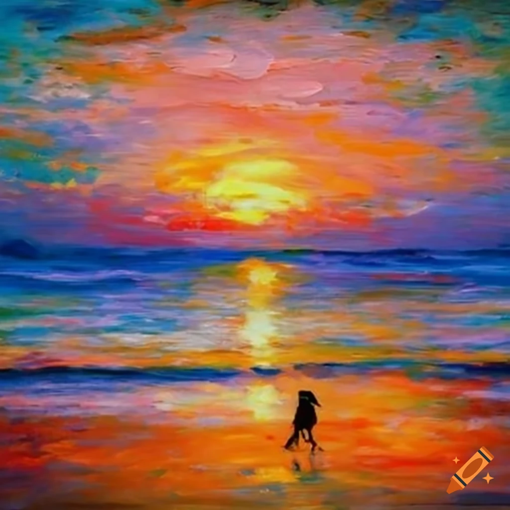 Monet style painting of couple walking on beach at sunset on Craiyon