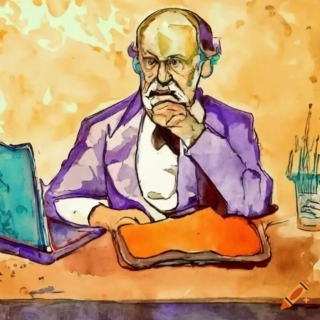 Cartoon caricature of Freud at a desk with a laptop on Craiyon