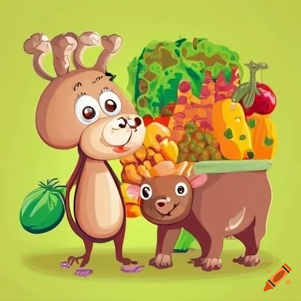 Cartoon wild animals selling fruits and vegetables on Craiyon
