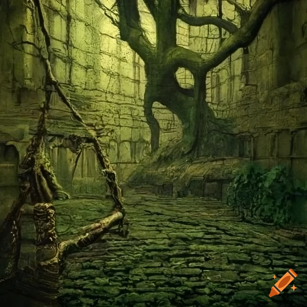 Medieval ecumenopolis covered in vines and shrubbery on Craiyon