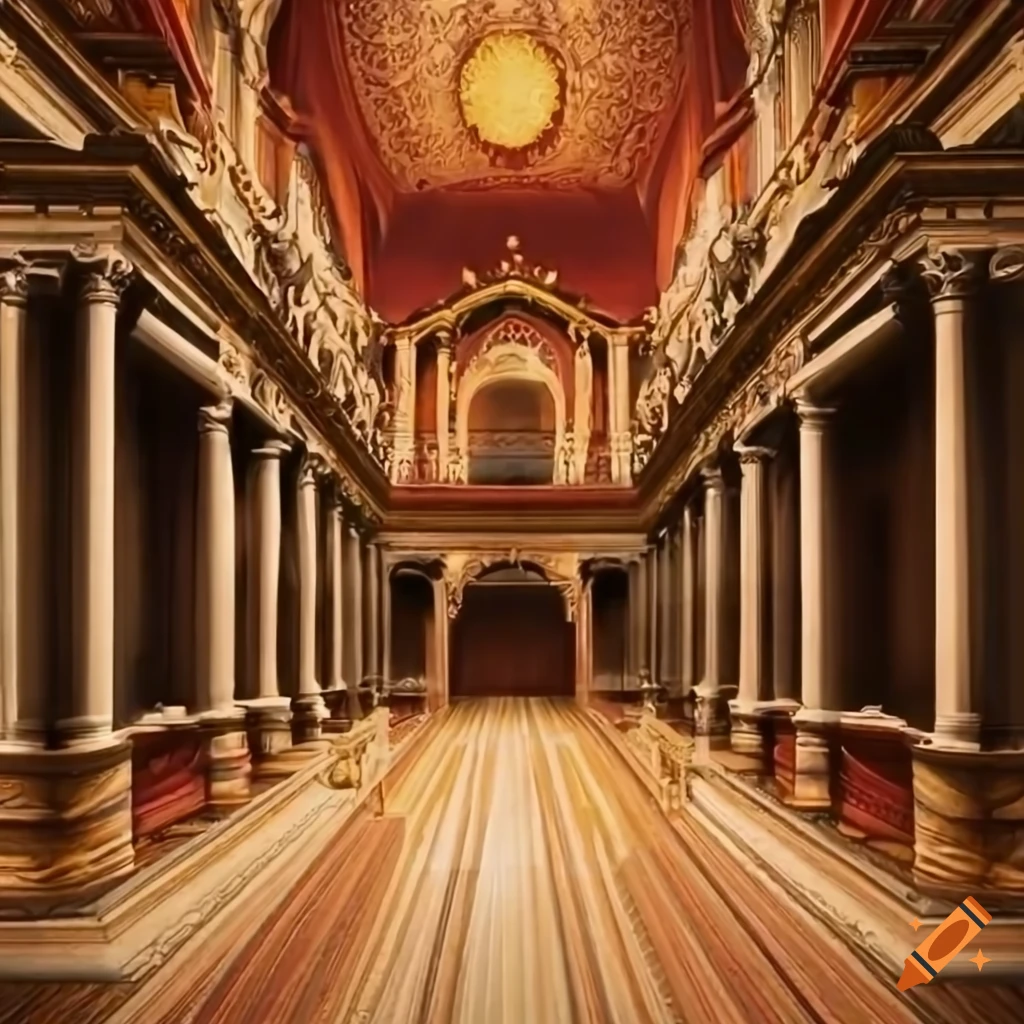 Empty great hall with a stage in a fancy mansion on Craiyon