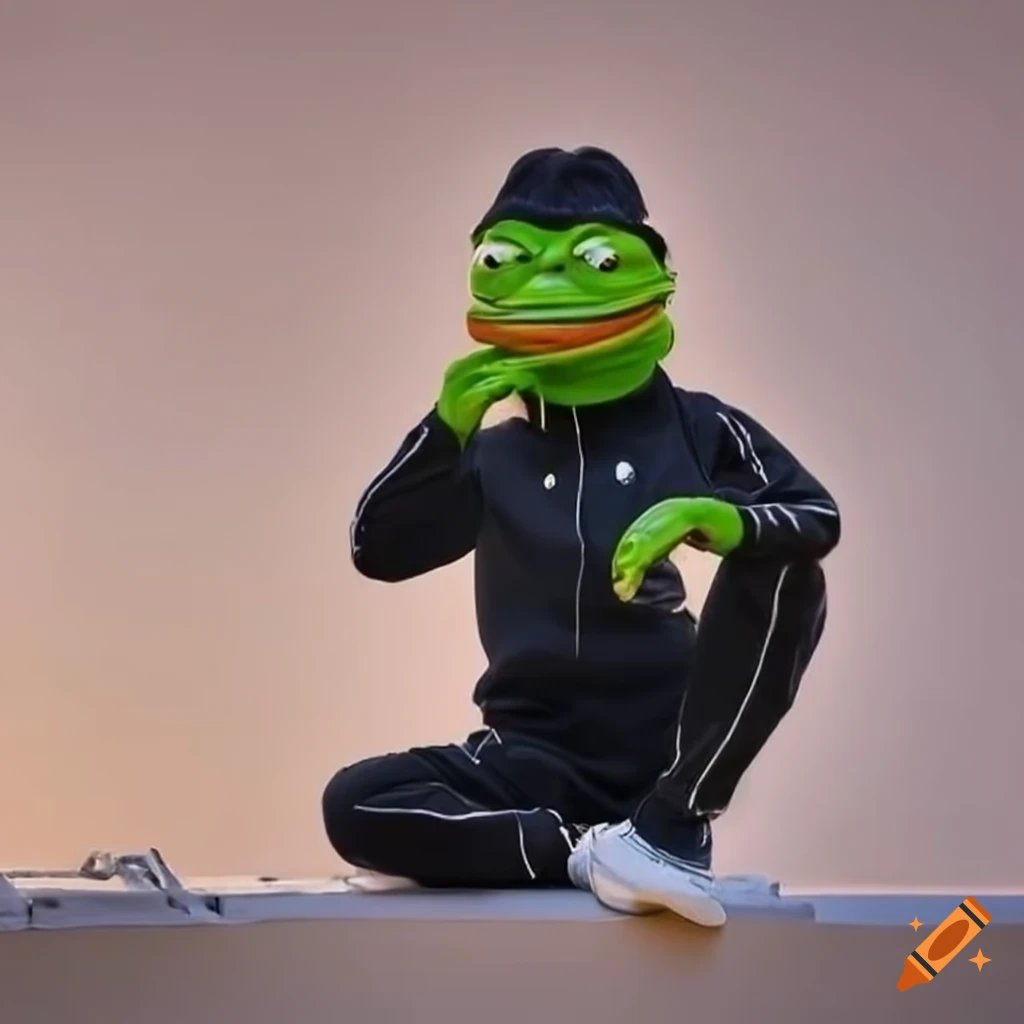 Pepe frog in black tracksuit sitting on monaco house roof on Craiyon