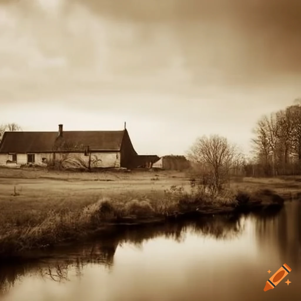 Sepia photo of a farmhouse by a river in the countryside on Craiyon