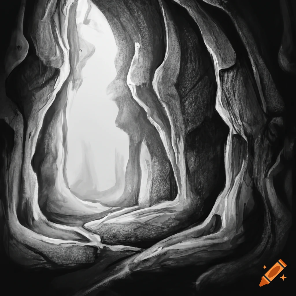 Cave in monochrome with fog, sketched in pencil on Craiyon