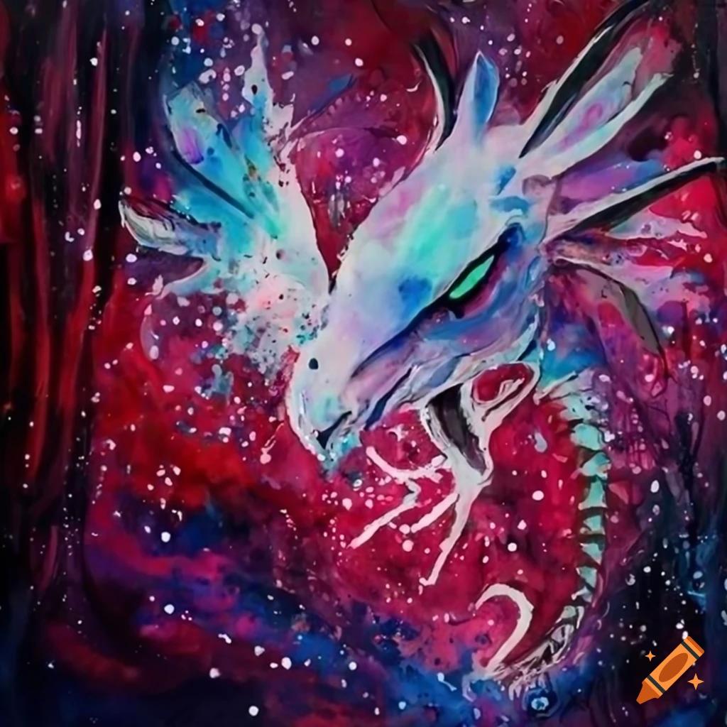 Abstract splatter painting in silver, white, and red with a mystical ...