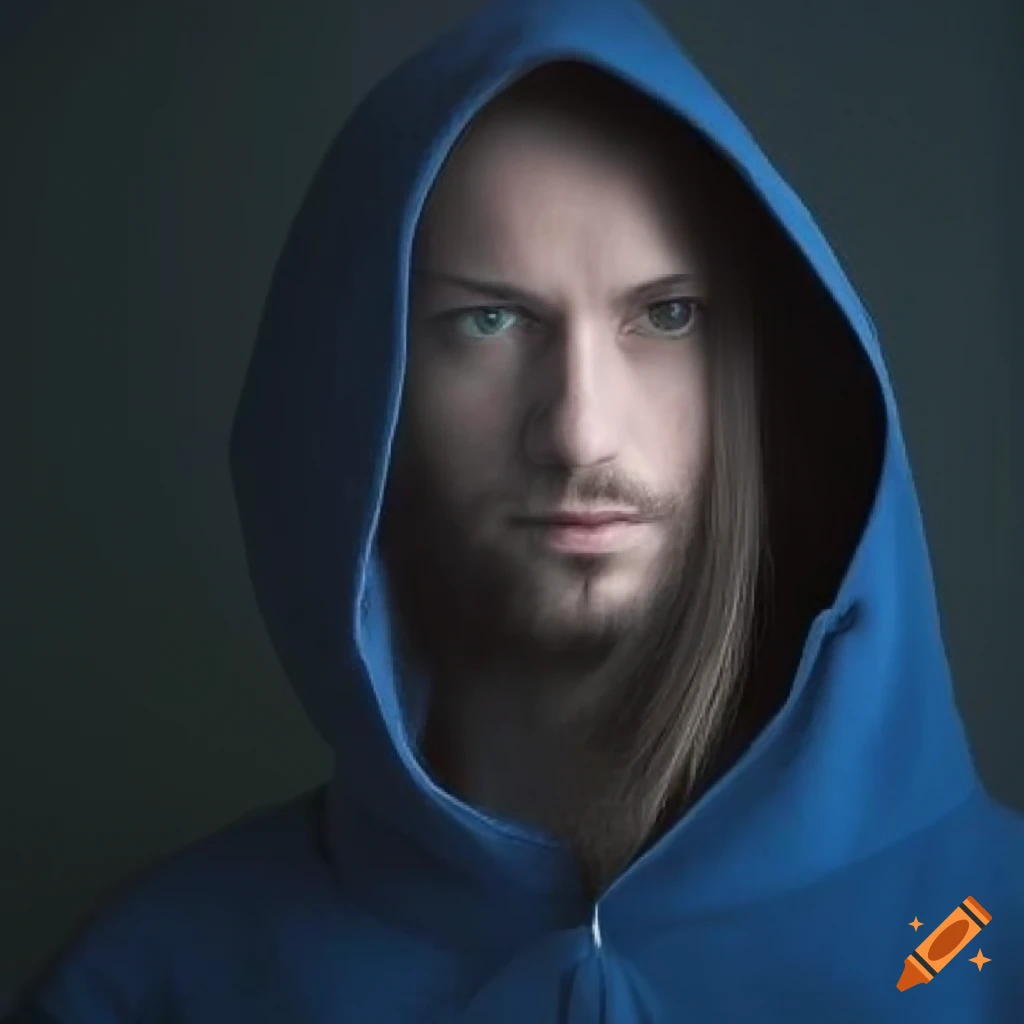 Man with long hair in dark blue hooded cape on Craiyon