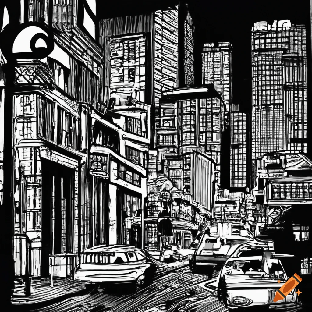 Black and white comic drawing of a city in the usa on Craiyon