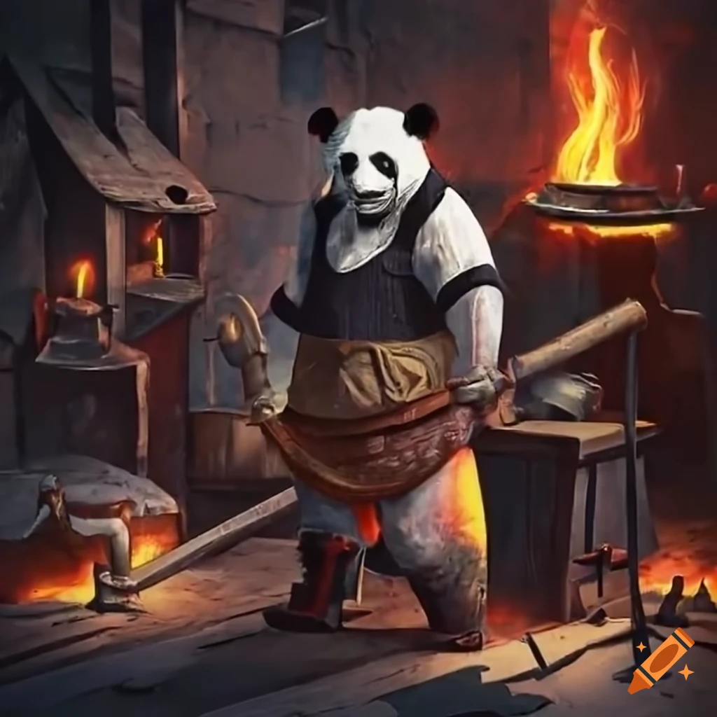 Legendary panda man blacksmith forging armors in a traditional forge on ...