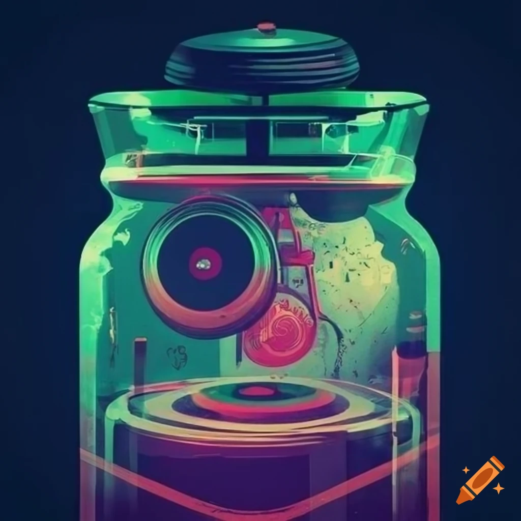Vintage poster of dj turntables in a jar on Craiyon