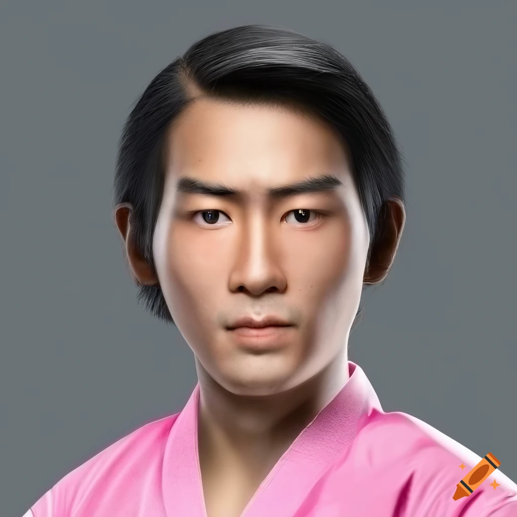 Asian male cook and karate expert with long hair in pink attire on Craiyon