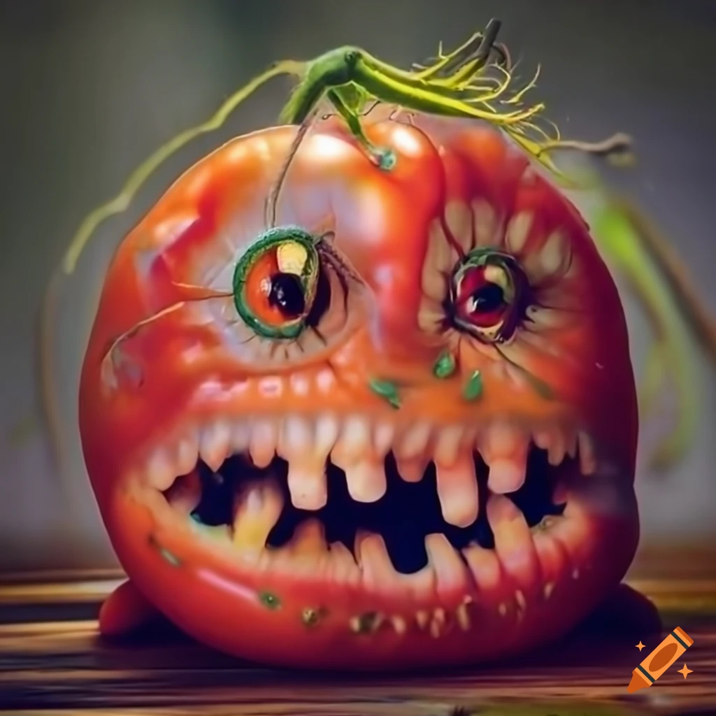 Close-up portrait of the rotten tomato fruit monster in micro ...