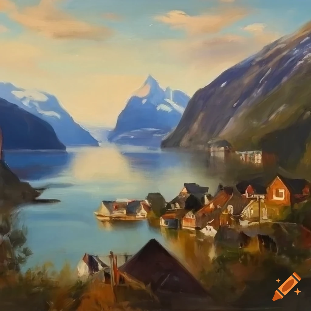 Norwegian fjord overlooking a bustling town in an oil painting on Craiyon
