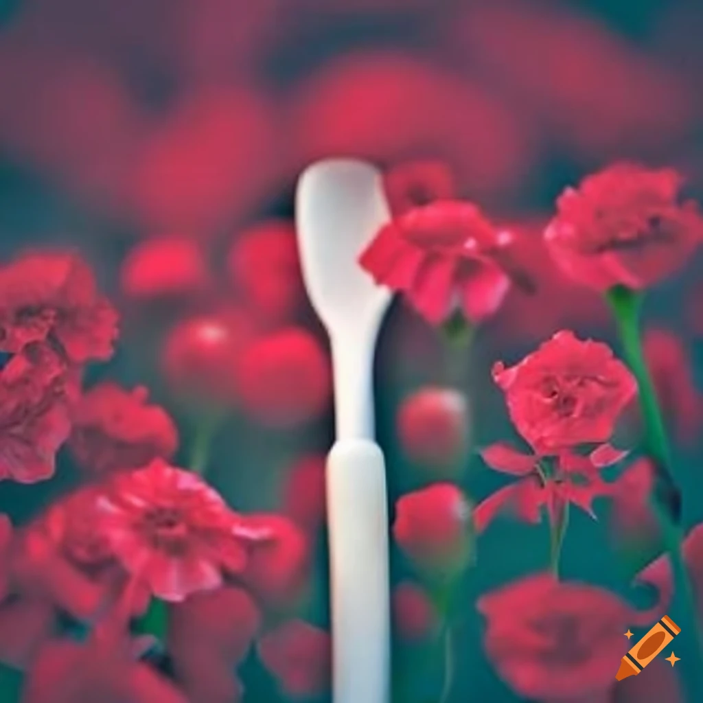 White silicone spatula with broken wooden handle among red carnations ...
