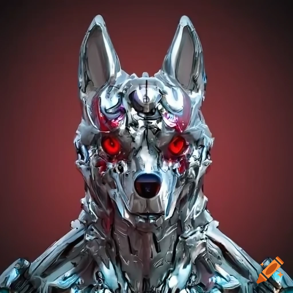 Close up side view of a silver chrome anthropomorphic cyborg wolf with ...