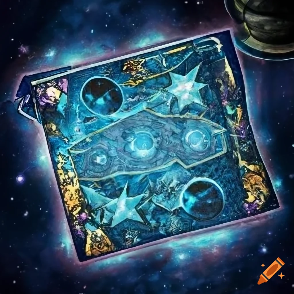 YUGIOH art card featuring a paper map with planets and stars on Craiyon