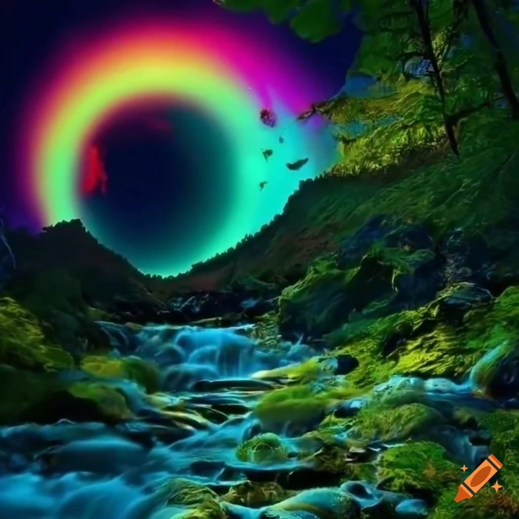 Spring rebirth with neon luminescent effect in mountain landscape on ...