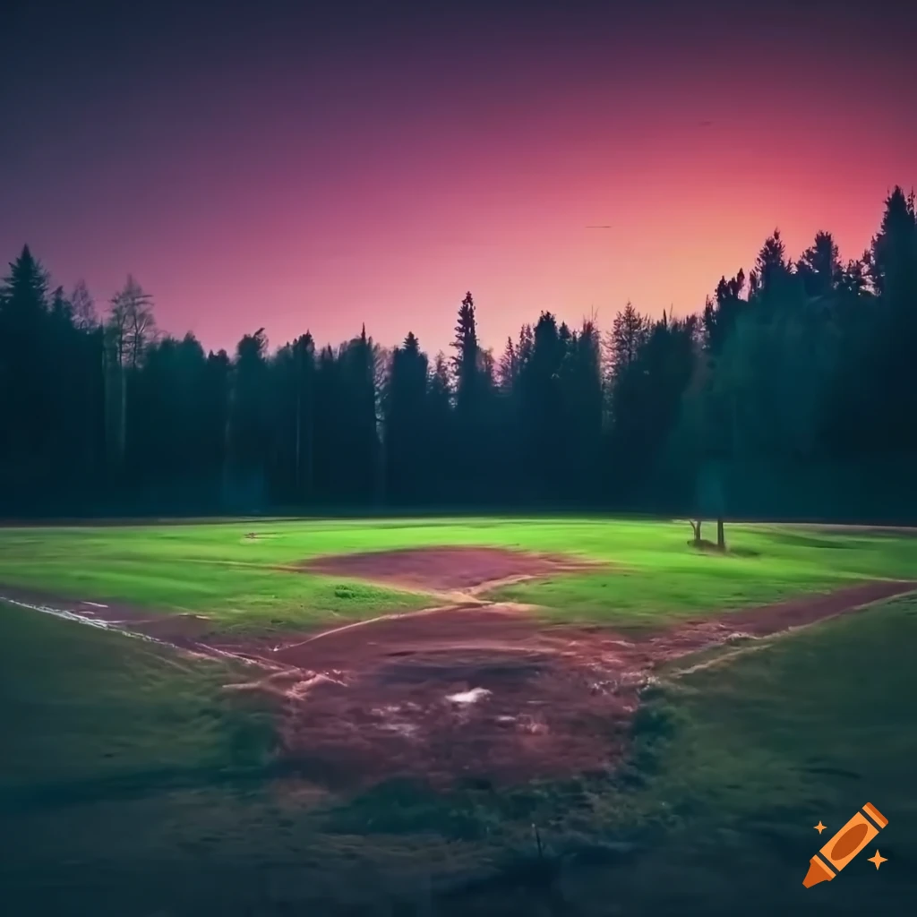 Close-up of abandoned rustic baseball field surrounded by wilderness at ...